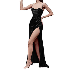 Business Dresses for Women Ladies Simulated Silk Sleeveless Back Strap Side Slit Long Suspender Dress Black