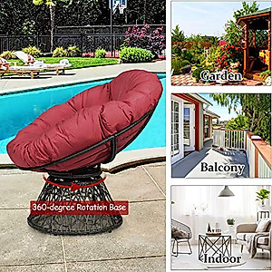 Giantex Rattan Round Papasan Chair, 360-Degree Swivel Egg Chair with Soft Cushion, Living Room Chair Leisure Chair with Gray Frame Indoor Outdoor Use (Burgundy)
