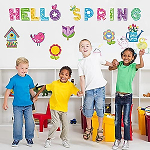 67 Pcs Hello Spring Cutouts, Spring Bulletin Board Decoration Set Flower Accents DIY Paper Cutouts with 100Pcs Glue Points Seasonal Classroom Decor for School Kindergarten Spring Party Supplies