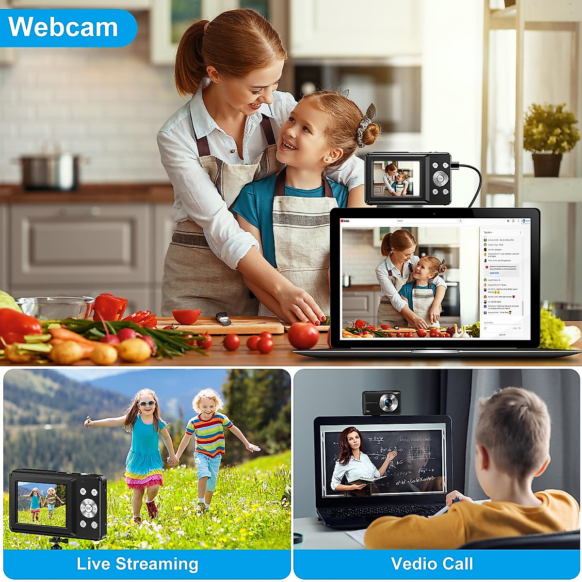 Kids Digital Camera with Lanyard, 1080P Digital Point and Shoot Camera 44MP Vlogging Camera, Anti-Shake with 16X Zoom, Small Camera for Students