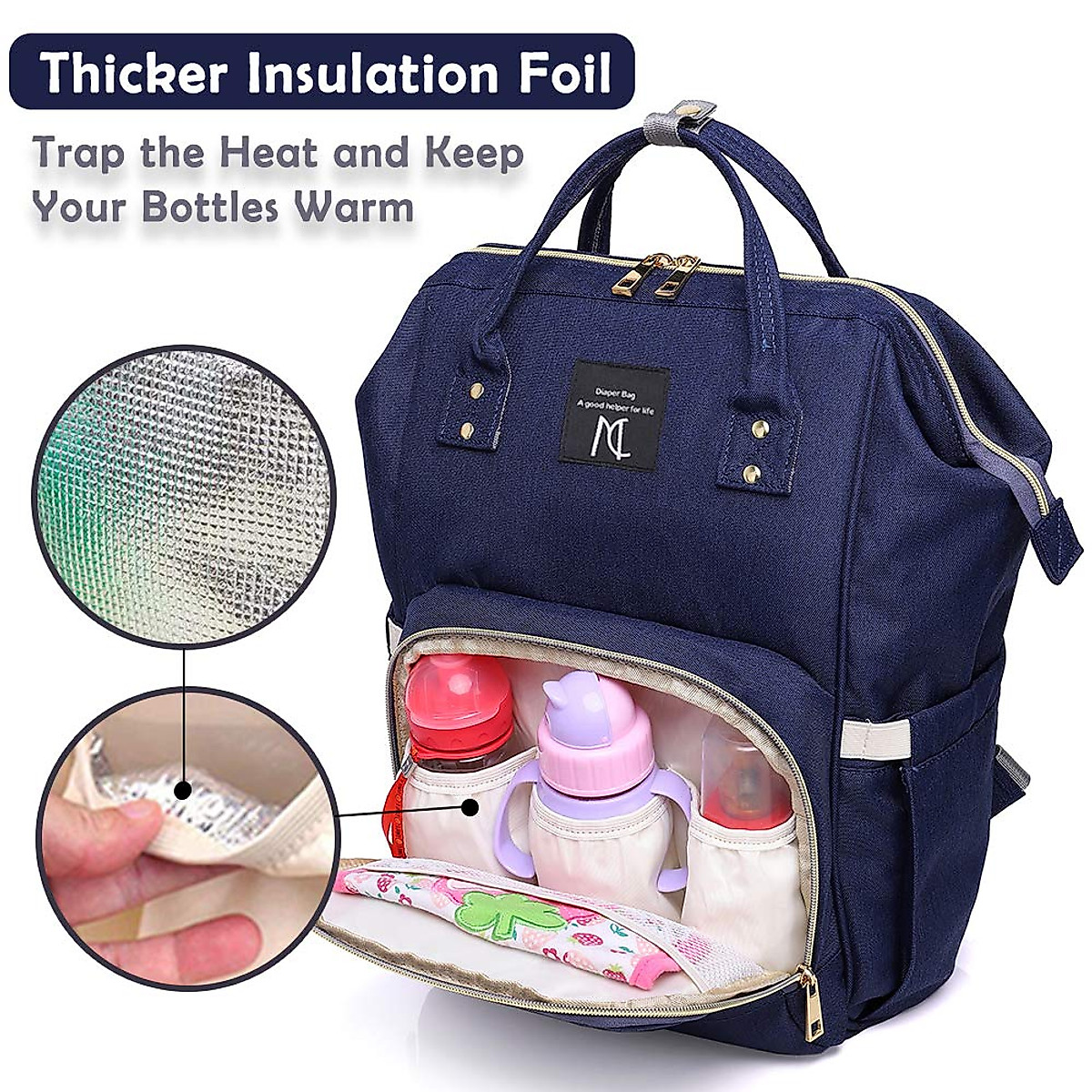 Diaper Bag Backpack Water-resistant, Nanrui 25L Roomy Nappy Bag for Baby Boy and Girl Men Backpack Travel Back Pack with 2 Stroller Straps- Navy Blue