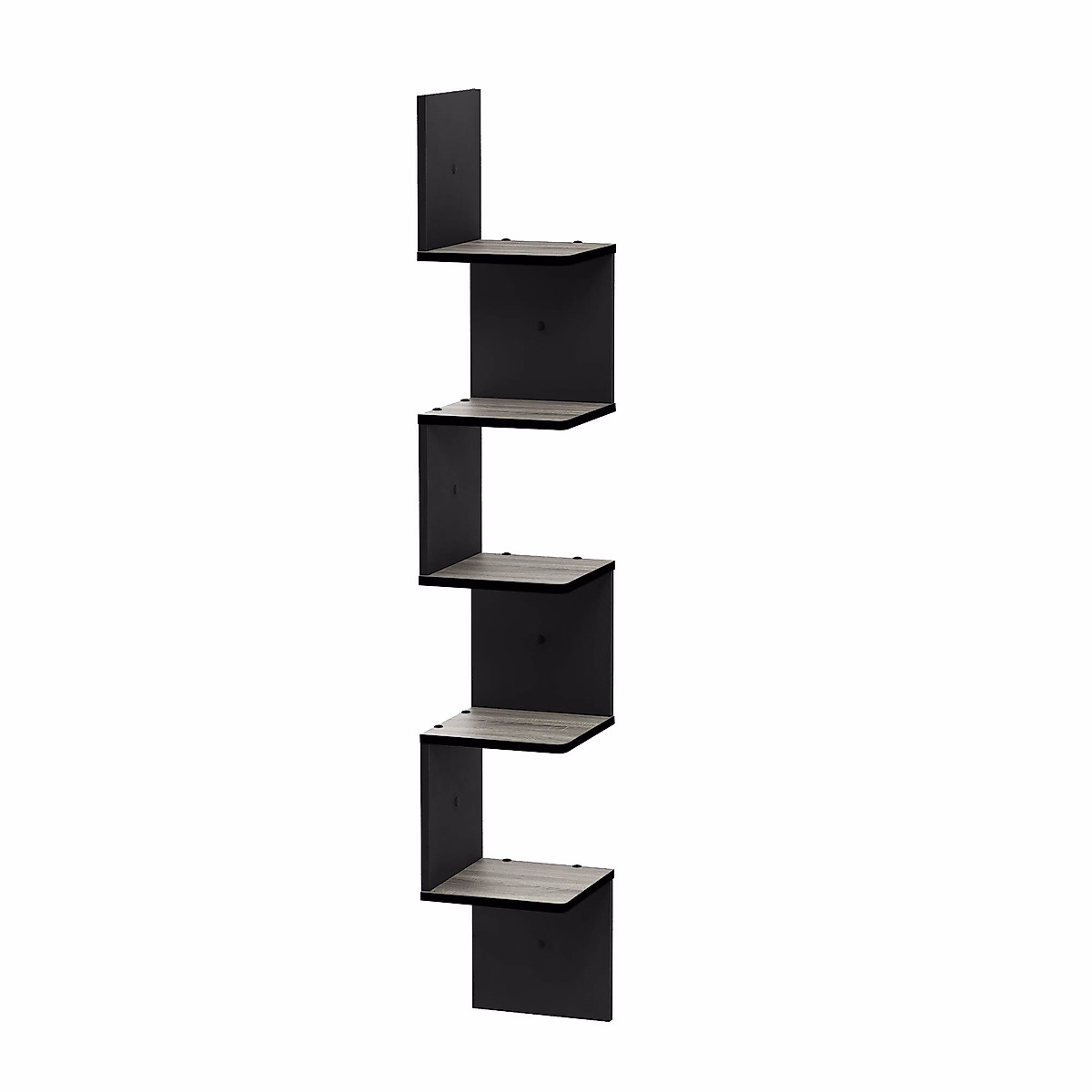 Furinno Rossi Wall Mount Floating Corner Shelf, 5-Tier Square, French Oak Grey/Black & Rossi Wall Mounted Shelves, 5-Tier Rectangle, French Oak Grey/Black