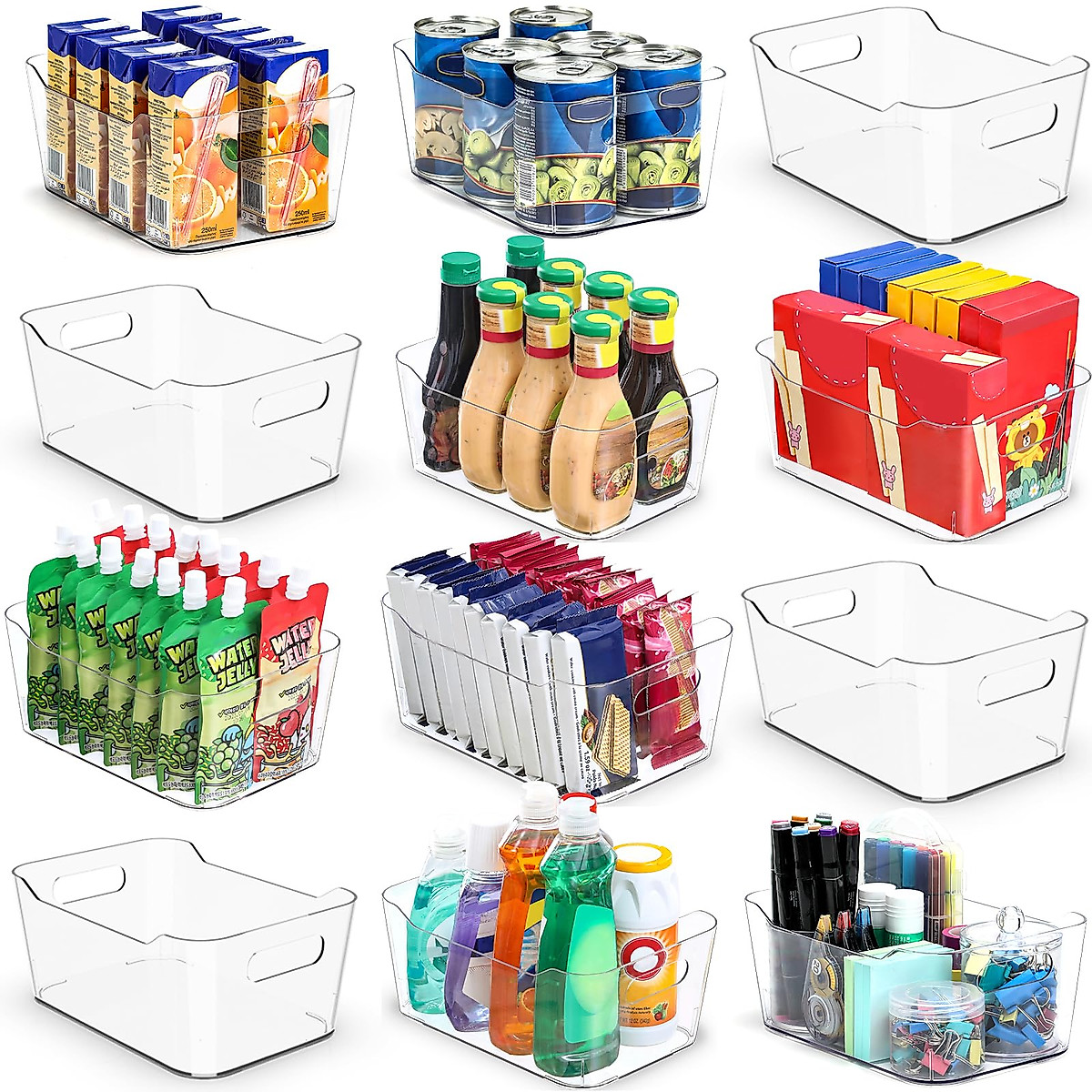 [ 12 Pack ] Multi-Use Clear Bins for Organizing - Fridge, Refrigerator Organizer Bins - Pantry Organization and Storage - Plastic Containers for Home, Kitchen, Freezer, SOHO Collection, Canbinet, RV
