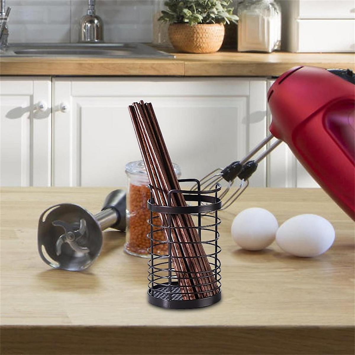 Wire Utensil Holder for Kitchen Counter, Metal Wire Cooking Utensils Holder, Spoon Fork Cutlery Drainer Organizer Shelves, Countertop Round Utensil Storage Caddy for Spatulas, Chopsticks, Spoons