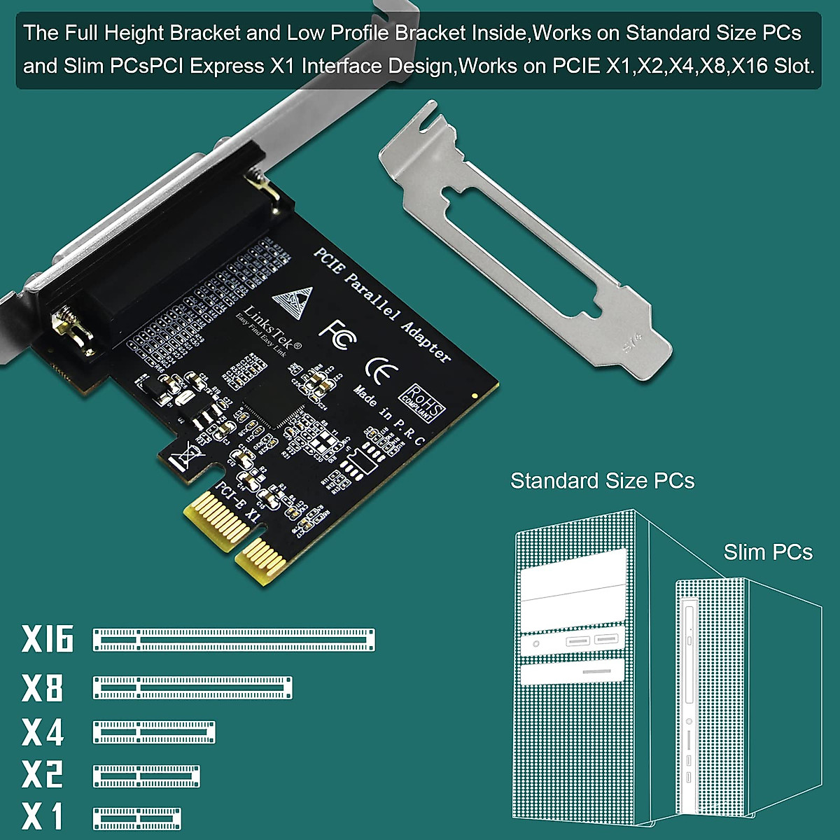 LinksTek 1-Port PCI Express Parallel Card for Printers, IEEE 1284 Standard DB25 LPT PCIE Parallel Port, Supports IEEE 1284 SPP, Nibble, Byte and ECP Mode, PCIE DB25 Parallel Port Card (PCIE-PA1)