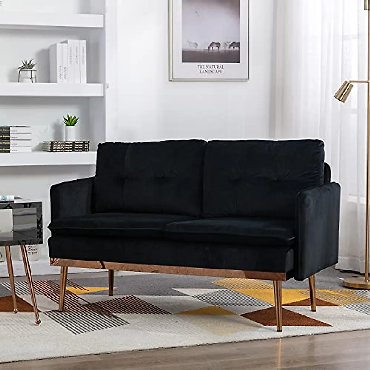 56-inch Small Velvet Sofa, Modern Loveseat Couch with Rose Golden Metal Legs, 700 Pounds Weight Capacity, Twin Size Sofa Couch with Removable Cushion for Living Room and Bedroom (Navy Black)