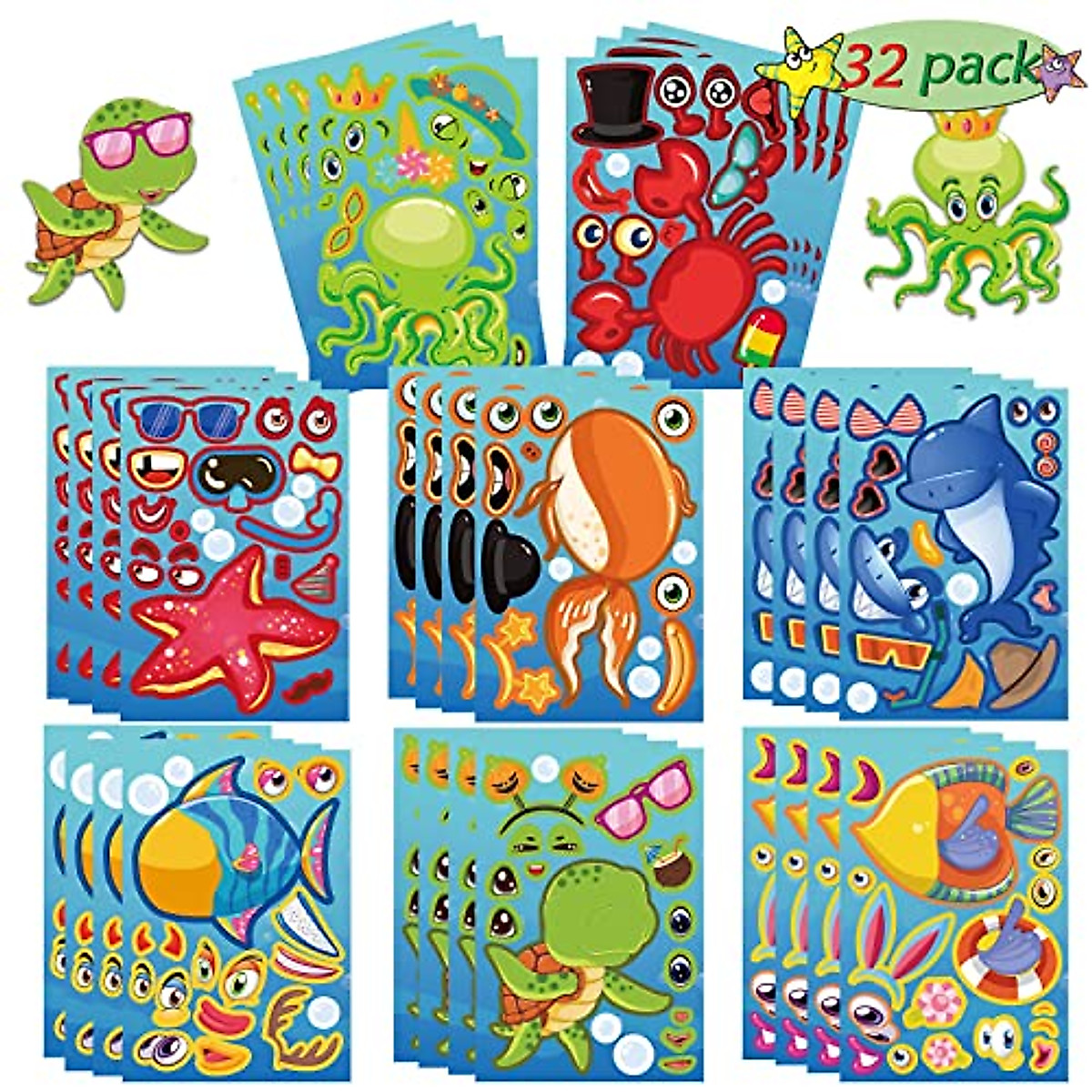 32 Sheets Reusable Make-A-Sea Face Stickers Ocean Animals DIY Art Craft Rewards for School Kid Teacher Summer Mermaid Party Favor Sticker for Birthday Gift Children Room Ocean Decorated