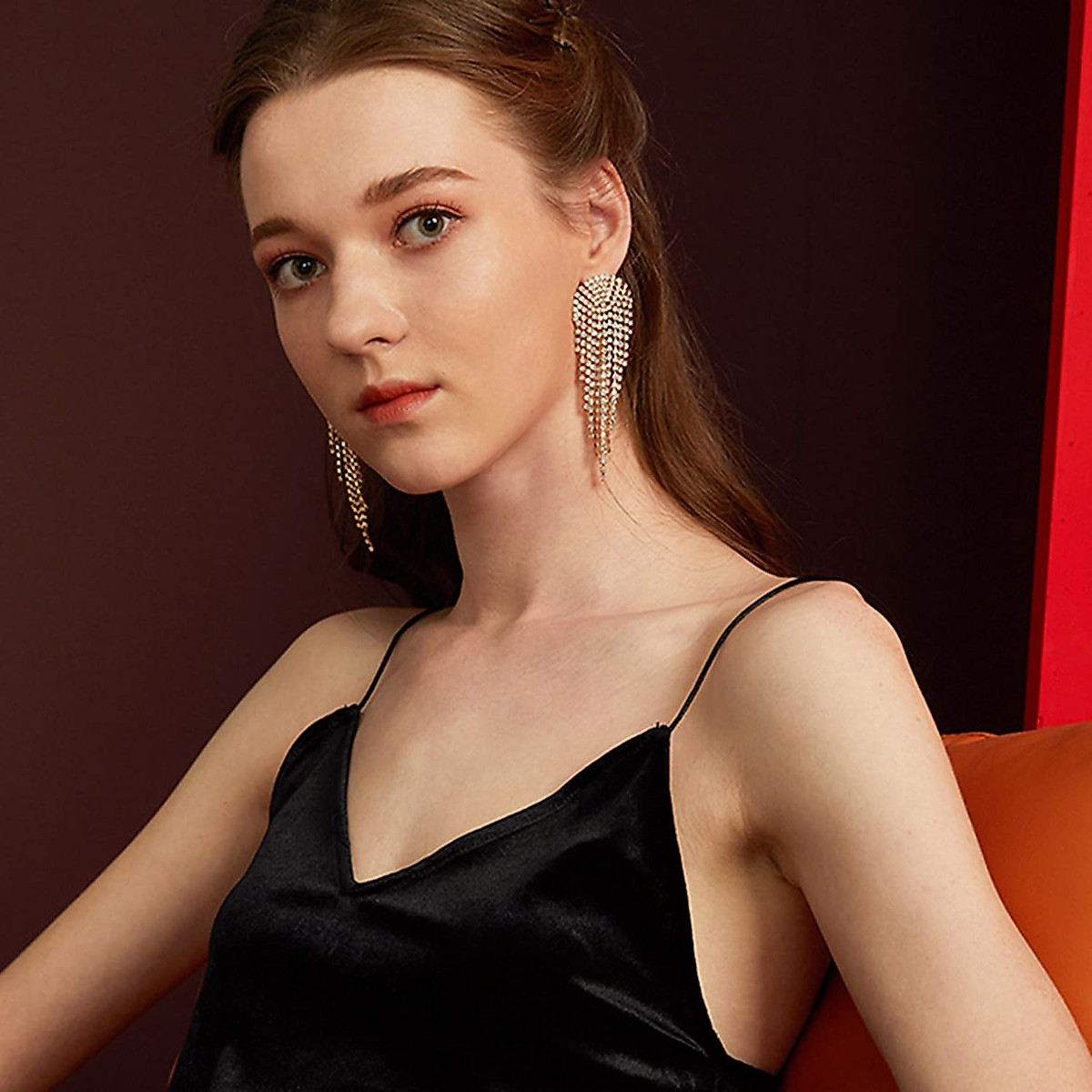 Luxury Women's Long Fringe Sparkling Crystal Drop Earrings Glossy Rhinestone Dangle Earrings Bridal Wedding Party Jewelry (Sparkling Crystal Drop Earrings-Gold)