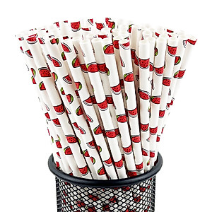 YAOSHENG Premium Disposable Drinking Fruit Paper Straws, Pack 100 Watermelon Paper Straws for Cocktail Party Supplies,Birthday,Bridal/Baby Shower,Juice,Shakes (Watermelon)