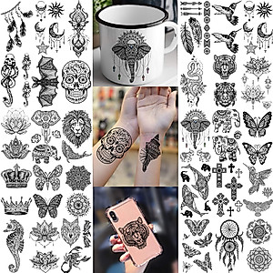 Shegazzi 58 Sheets Black Lace Temporary Tattoos For Women Girls, Large Lotus Mandala Flower Snake Elephant Butterfly Fake Adults Kit, Indian Tribal Skull Arm Sleeve Neck Tatoos Wedding