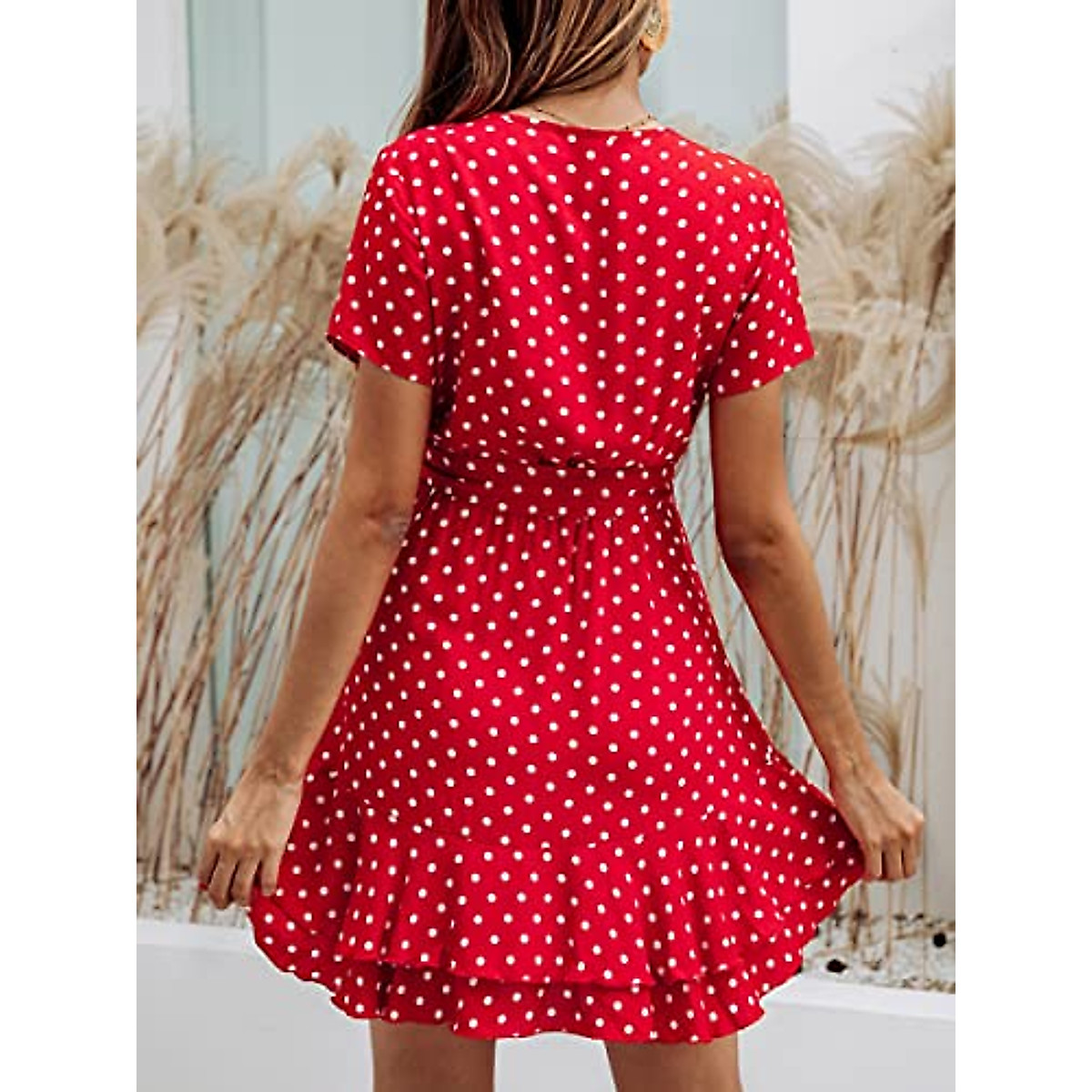 ECOWISH Women's V Neck Polka Dot Ruffles Mini Sexy Dress Short Sleeve Wrap Summer Dresses with Belt Red Small