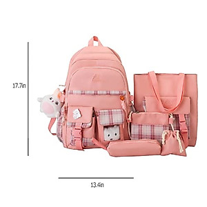 HCOOLE Kawaii Backpack 5Pcs Set with cute plush Pendants & Badge,19 gallon High capacity School Bag Cute Aesthetic Backpack