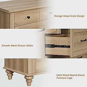 WAMPAT Oak Dresser for Bedroom with 5 Drawers, Tall Kids Dressers with Wide Chest of Drawers, Mid Century Modern Wooden Closet Storage Organizer, Small Dressers for Nursery, Living Room, Hallway