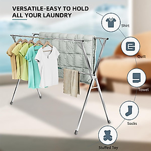 Unkqan Clothes Drying Rack,Heavy Duty Stainless Steel Garment Rack,Adjustable and Foldable Laundry Drying Rack for Indoor Outdoor Drying Rack Clothing with 20 Windproof Hooks (Silver, 79")