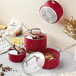 HLFRG Saucepan Set with Lid, Nonstick 2Qt & 3Qt Sauce Pan Set with Lid, Small Pot with Lid, Natural Granite Nonstick Saucepan Set, Small Sauce Pots, Red Pot Set - 2Qt & 3Qt