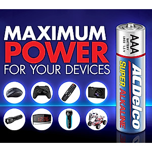 ACDelco 100-Count AAA Batteries, Maximum Power Super Alkaline Battery, 10-Year Shelf Life, Recloseable Packaging