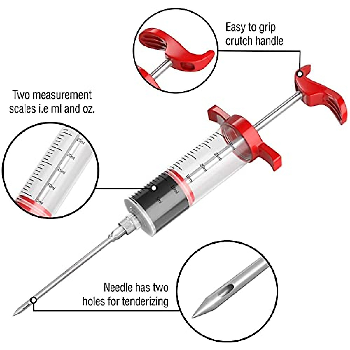 Meat Injector Syringe,Stainless Steel Food Seasoning Syringe Kit with 1pc Barbecue Brush, 2pcs Needles and 1pc Needles Cleaner, Great for BBQ, Grilling, Baking and Cooking