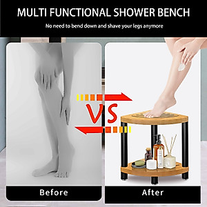 Corner Shower Stool with Storage Shelf,Waterproof Bamboo Corner Shower Seat for Bathroom,Sturdy and Non-Slip Shower Bench for Shaving Legs,Height Adjustable Metal Chair legs with Anti Slip Pad (Brown)