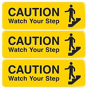Excello Global Products Caution Watch Your Step Sign: for Business Restaurants Offices Indoor Outdoor Use Easy to Mount Informative Plastic Sign with Symbols 9” x 3”, Pack of 3 (Yellow)