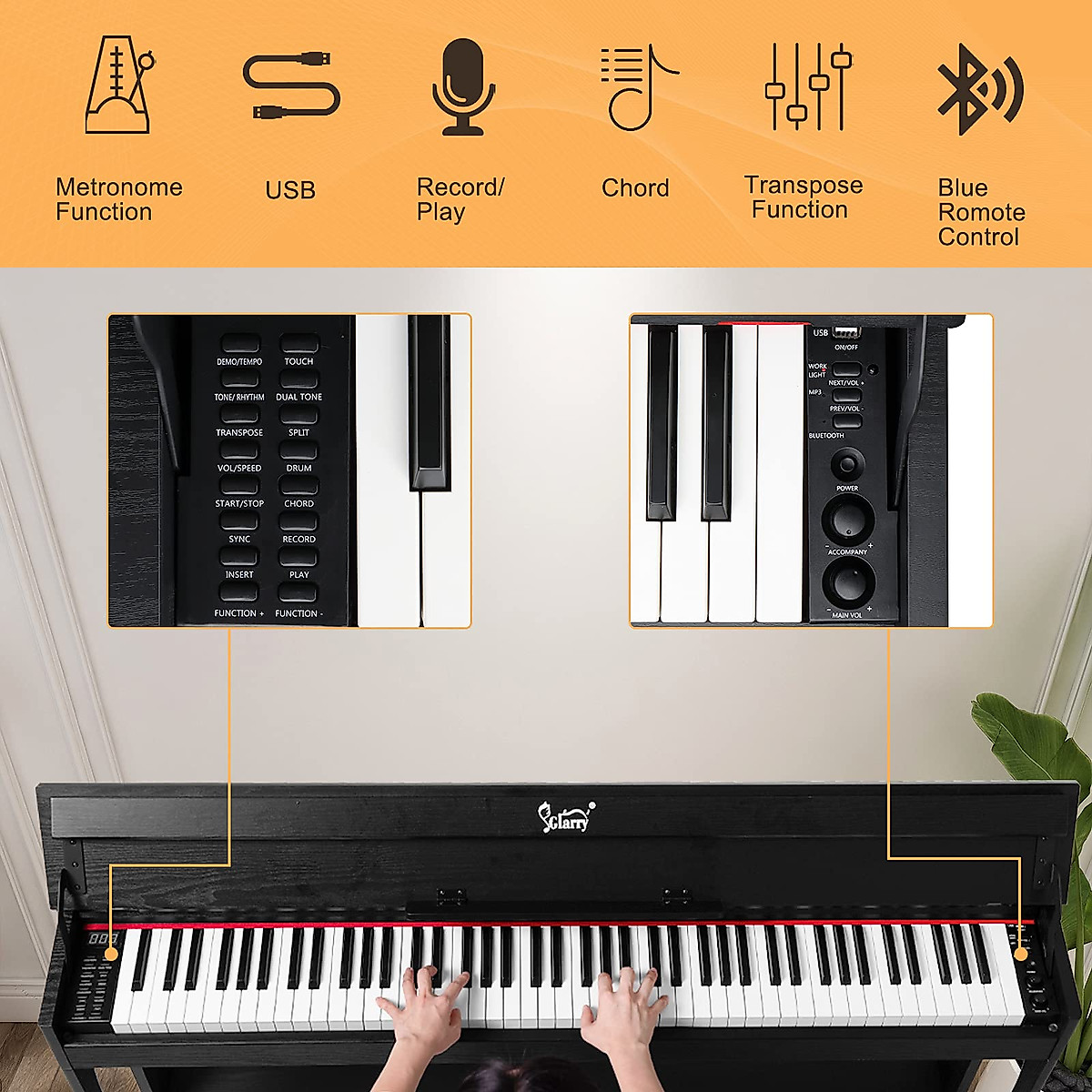 GLARRY 88 Key Home Digital Piano for Beginners, Electric Keyboards Piano MP3/USB/MIDI/Bluetooth Function w/Music Stand, Power Adapter, Triple Pedals, Instruction, Headphone（Black）