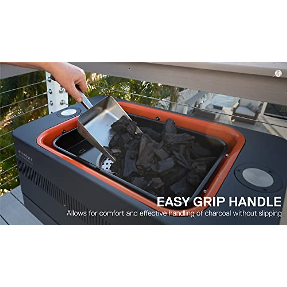 Everdure Stainless Steel Charcoal Shovel, Metal Scoop for Charcoal and Wood Pellets, Built-in Leather Hang Strap for Easy Storage, Ideal BBQ Tool for Charcoal or Pellet Grill, Silver