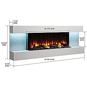 SimpliFire 60-Inch Format Floating Mantel Wall Mount Electric Fireplace | Finished White Mantel | Log & Crystal Hearth Options | 1500 Watt Heater | Remote Control Included