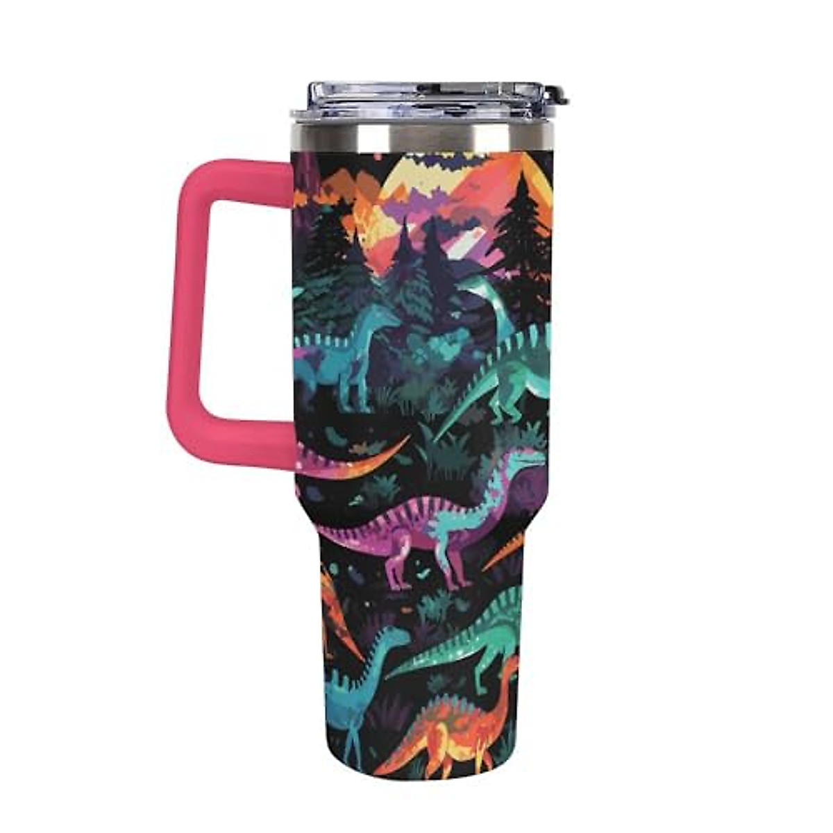 LLUTSNTH 40 Oz Vacuum Tumbler with Light Rose Red Handle Leakproof Insulated Tumbler Colorful Dinosaurs Stainless Steel Travel Mug with Lid And Straw Coffee Cup Cute Water Bottles Cup Holder Friendly