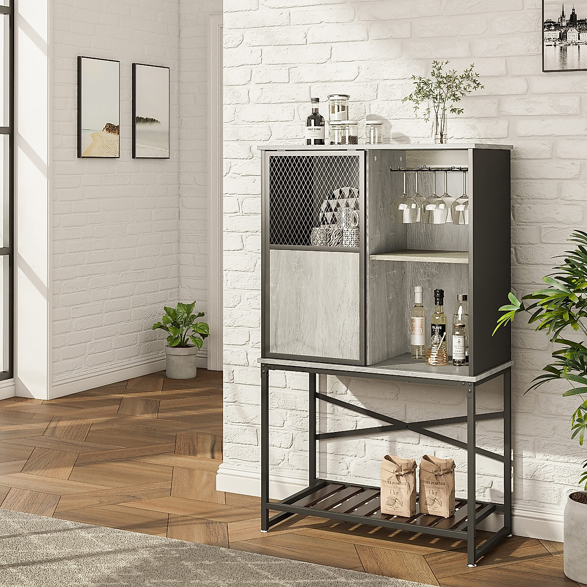 Bestier Wine Bar Cabinet for Liquor and Glasses Coffee Station Buffet Sideboard with Wine Glass Rack Mini Bar for Home Kitchen Storage Cabinet with Sliding Door and Open Shelf