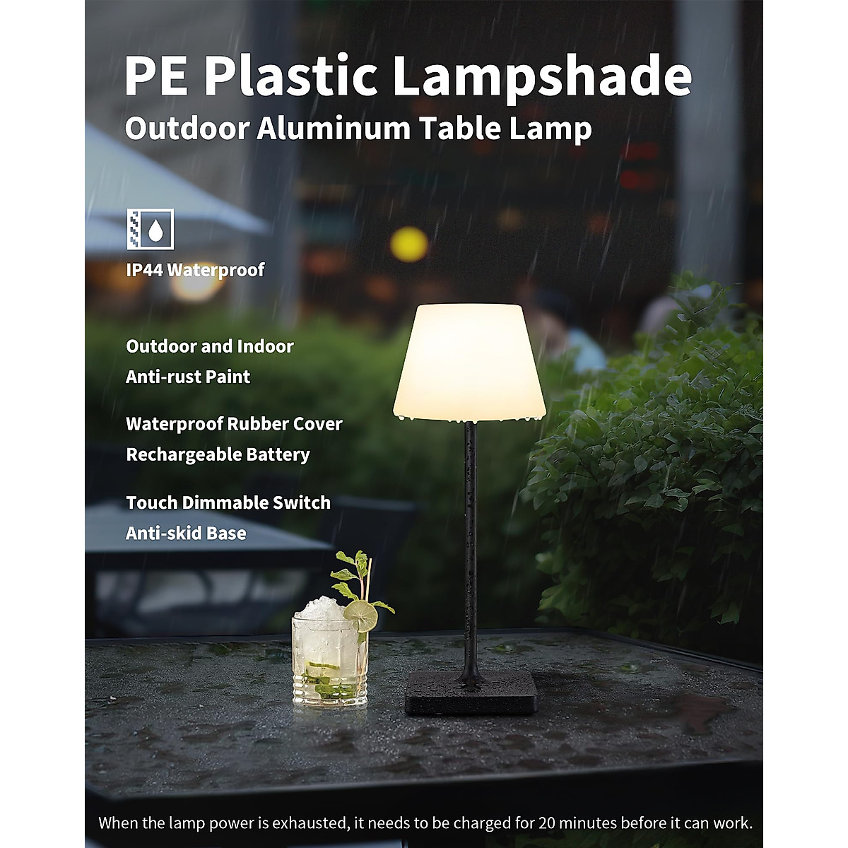 VISDANFO Outdoor Cordless Portable Table Lamp,5000mAh Rechargeable Battery Operated Dimming LED Desk Lamp,IP44 Waterproof,Modern Night Light for Camping Restaurant Bedroom Bars Home Party(Black)