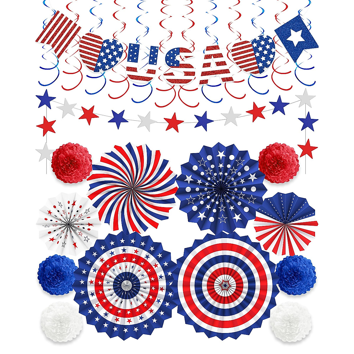 26 Pcs 4th of July Decorations Outdoor, Patriotic Decorations LOVE USA Banner Red White Blue Paper Fans Hanging Swirls Pompoms Independence Day Decor for Veterans Day, Memorial Day, Fourth of July