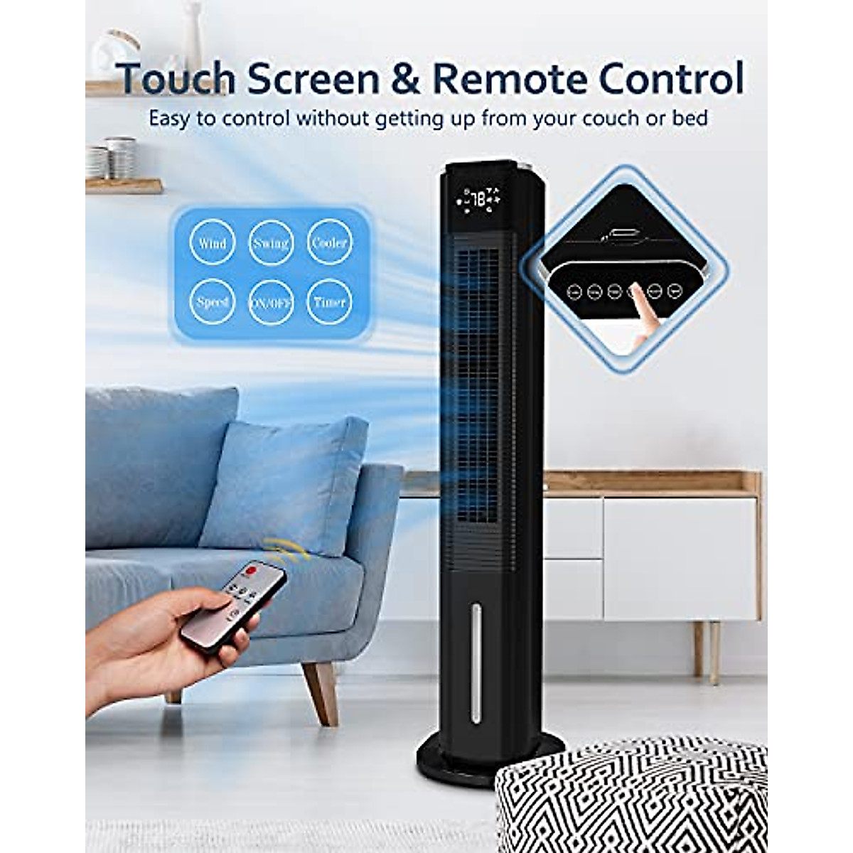 Evaporative Air Cooler, 3-IN-1 Multifunctional Air Cooler Fan, Air Cooler for Room, 4 Modes, 12H Timer, 90° Oscillation, 1.3 Gal Water Tank, Remote Control, 4 Ice Packs, 42" for Room Home Office