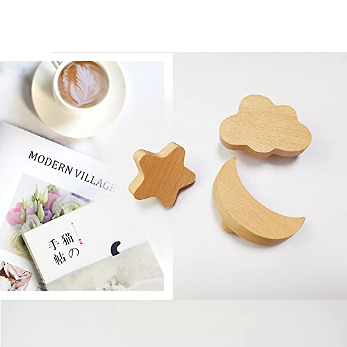 ANYU Wooden Coat Hooks Wall Mounted, Moon Star Cloud Shape Wood Wall Hooks Vintage Hangers for Hat, Towel, Key (Beech Wood)
