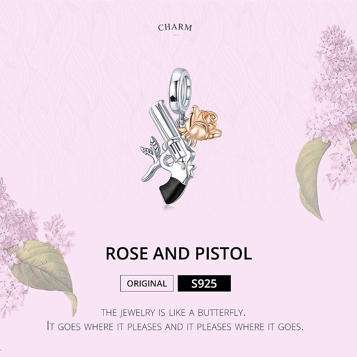 MUNDELL Authentic 925 Sterling Silver Pistol with Rose Charm for Original Silver Bracelet or Bangle Jewelry Make Pendants