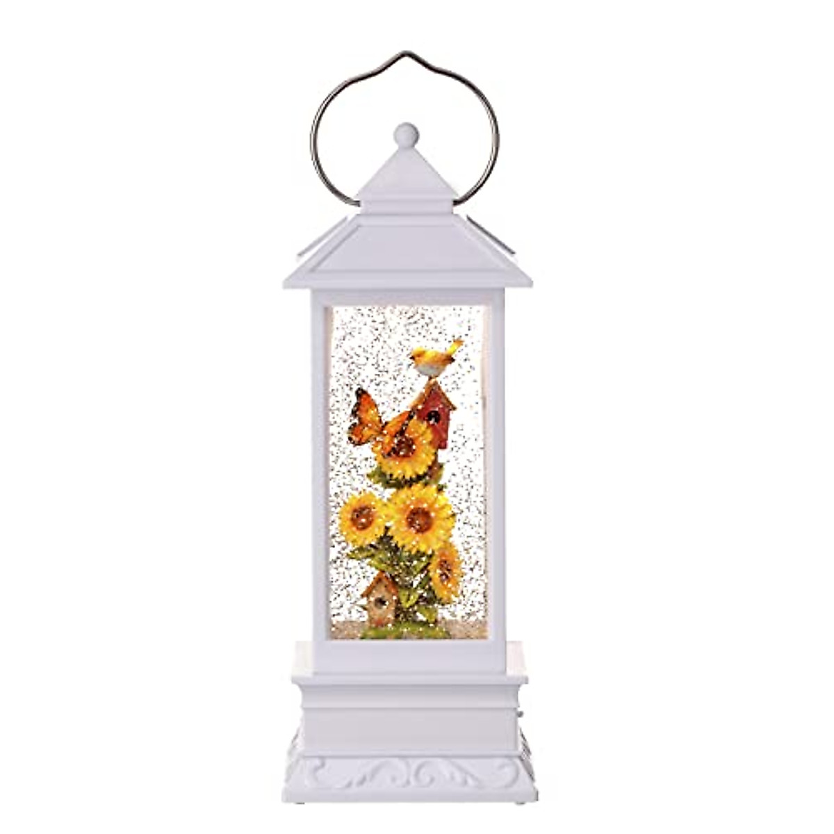RIBC Spring Decorative Candle Water Lantern with Sunflowers, Bird and Butterfly, Battery Operated with Timer or USB - 11'' Garden Scene Lighted Water Lantern with Bird, White and Yellow