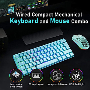 Mechanical Gaming Keyboard and Lightweight Honeycomb Mouse Combo with Rainbow RGB Backlit Full Anti-ghosting 61 Key Ergonomic Programmable Mice Wired USB for Laptop PC Gamer Typist(Blue/Blue Switch)