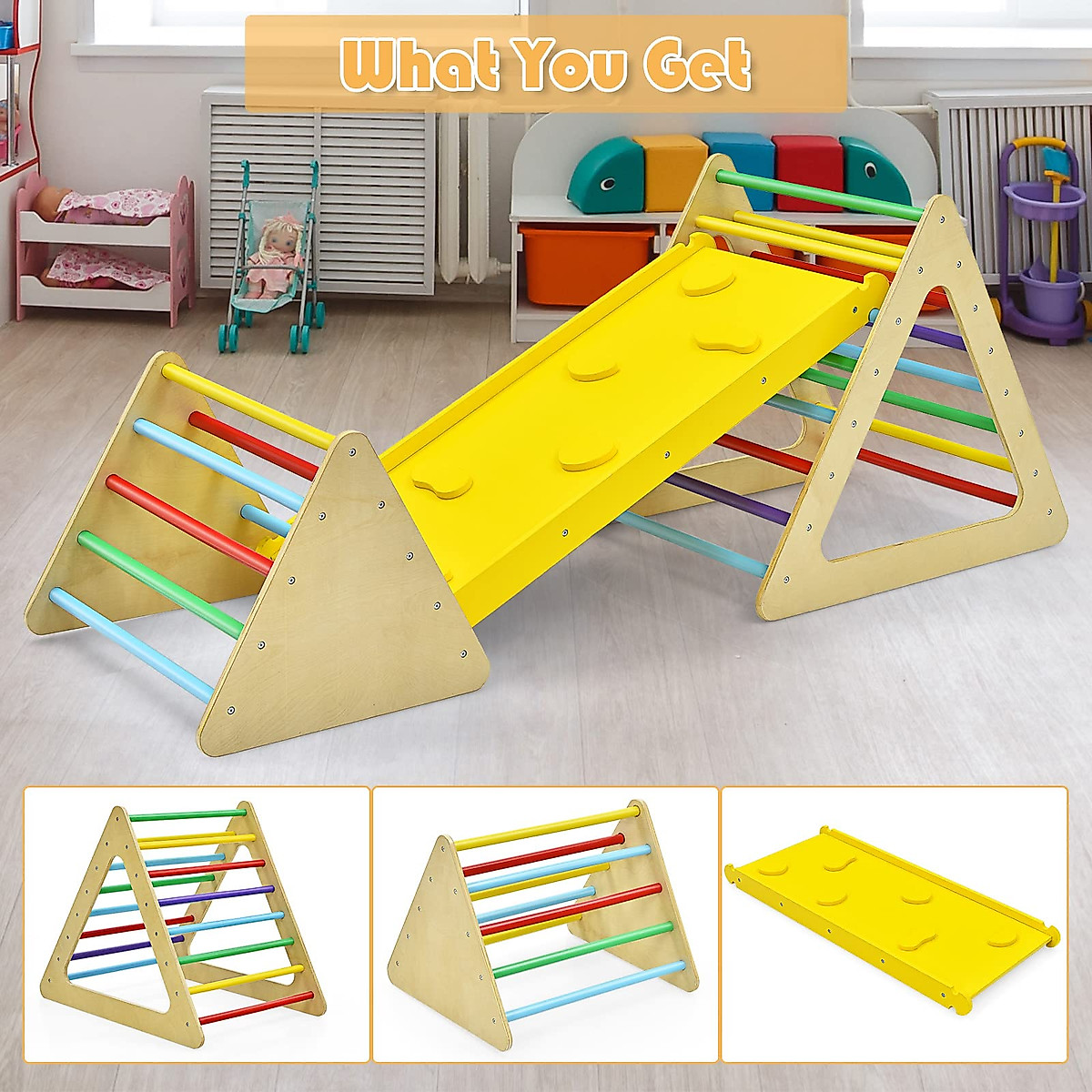 HONEY JOY 4 in 1 Triangle Climber with Ramp, Indoor Toddler Climbing Triangle Set with Ladder & Slide, 3-Piece Wooden Kids Climbing Toys for Playground, Gym & Daycare, Gift for Boys Girls