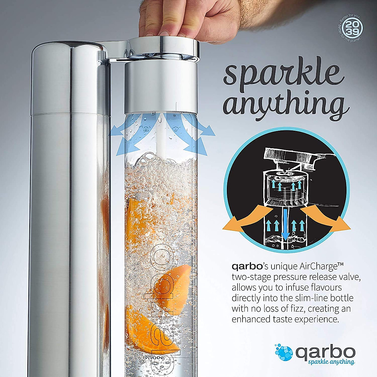 qarbo sparkling water maker Bundle with 4 bottles, 3 aircharge caps and cleaning brush (Chrome)
