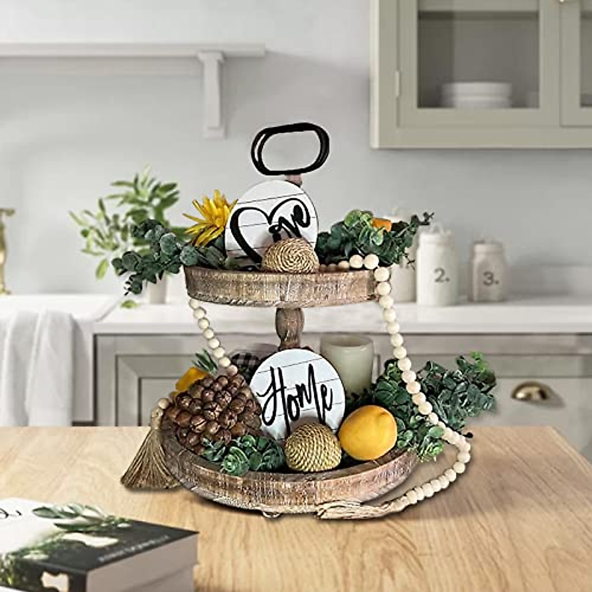 DECORIO Farmhouse Distressed Two Tier Brown Decorative Tray - Wood Tiered Tray Stand - Two Tier Tray Easter Tiered Tray Decor - Two Tiered Tray - 2 Tier Wooden Tray 2 Tier Serving Tray 17"x13"