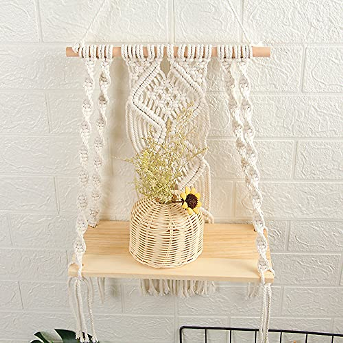 Handmade Macrame Wall Hanging Shelf, Boho Indoor Rope Plant Pot Basket Hanger Holder, Rope Plant Hanger for Wall Decor Indoor Outdoor