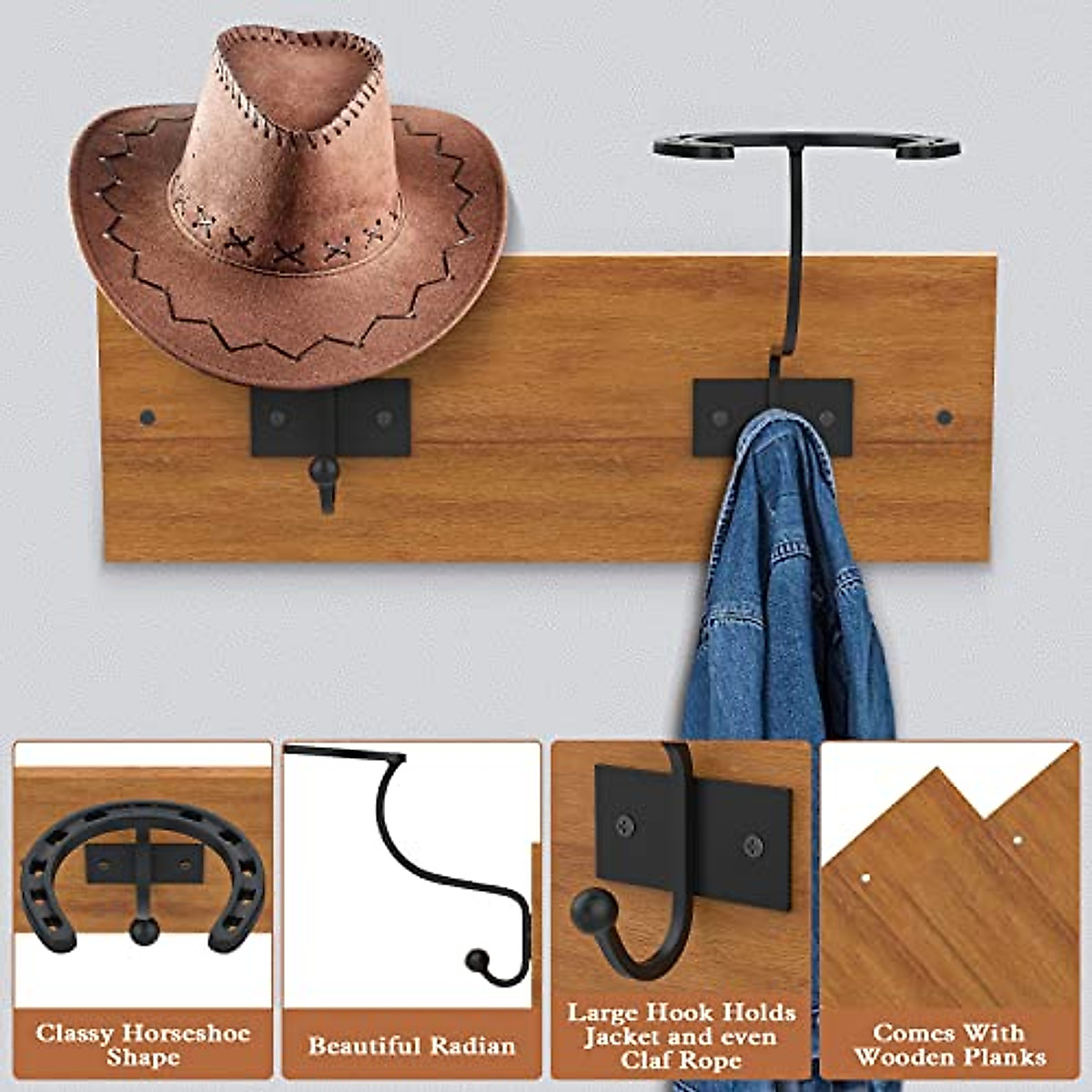 pickuparts Cowboy Hat Rack for Wall Set of 4 Cowboy Hat Holder Rustic Western Horseshoe Hat Hanger with 2 Wooden Board Hat Organizer for Western Wall Decor Collection Cowboys Gifts for Men Dad Him