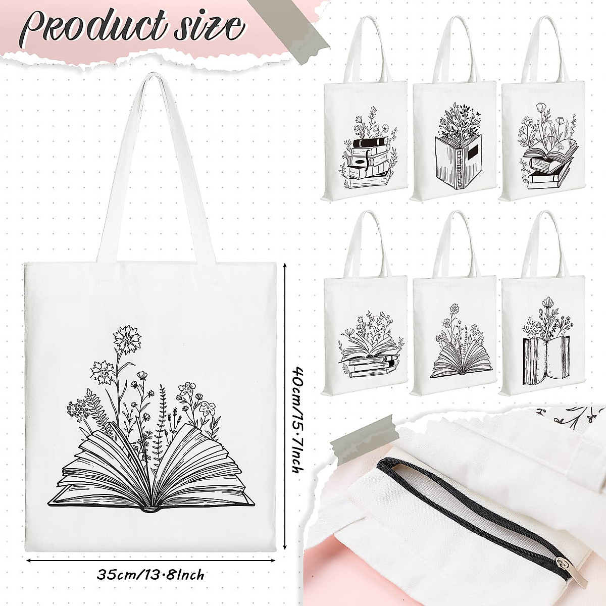 Sweetude 6 Pcs Canvas Aesthetic Tote Bag for Women Wildflower Book Tote Bag Bulk Shopping Bags School Shoulder Bag Reusable Grocery Bags Women's Tote Handbags