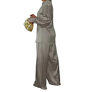 Women Wide Leg 2 Piece Pants Outfit Set Casual Satin Button up Long Sleeve Tops Palazzo Pants Set Tracksuit Grey Plus Size XXL