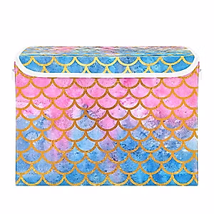 Krafig Watercolor Fish Mermaid Scale Foldable Storage Box Large Cube Organizer Bins Containers Baskets with Lids Handles for Closet Organization, Shelves, Clothes, Toys