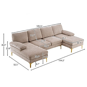POULEII Sectional Sofa,Modern U-Shape Modular Sectional Sofa Sleeper Couch with Chenille Fabric and Gold-Plated Feet for Living Room, Apartment, Office,Camel