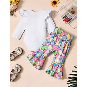 KANGKANG Easter Outfit Baby Girl 12 month Girl Clothes Rabbit Print Romper Flared Pants Pair of Hair Clips