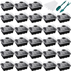 Nuogo 30 Packs Seed Starter Tray 360 Cells Seed Starter Kit with Humidity Domes and Base with 6 Plant Growers Base Indoor Greenhouse Mini Propagator Station 7.3'' x 5.7'' x 4.1''