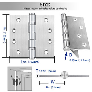 OTINUBEE 304 Stainless Steel Door Hinges 6 Pack, 4'' X 4''Heavy Duty Commercial Door Hinge with Silent Steel Plain Ball Bearing, Stainless Higne for Exterior & Interior Doors, Silver