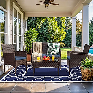 GENIMO 5' x 8' Outdoor Rug Waterproof for Patio Decor, Foldable Reversible Plastic Straw Area Rugs Mat for Camper, Outside Carpet for Rv, Deck, Porch, Picnic, Beach, Balcony, Blue & White