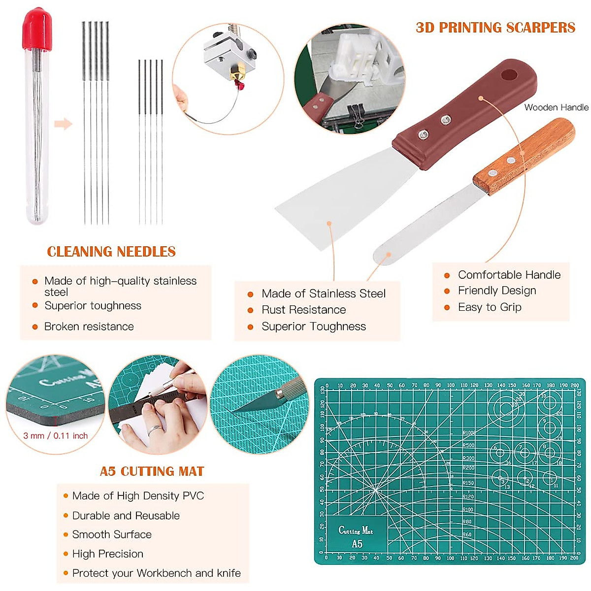 Rustark 40 Piece 3D Printer Accessories Tool Kit, Spatulas,Tweezers,File, Needles,Cutting Mat and More 3D Printing Tools for Removal, Clean-up, Finish 3D Printers