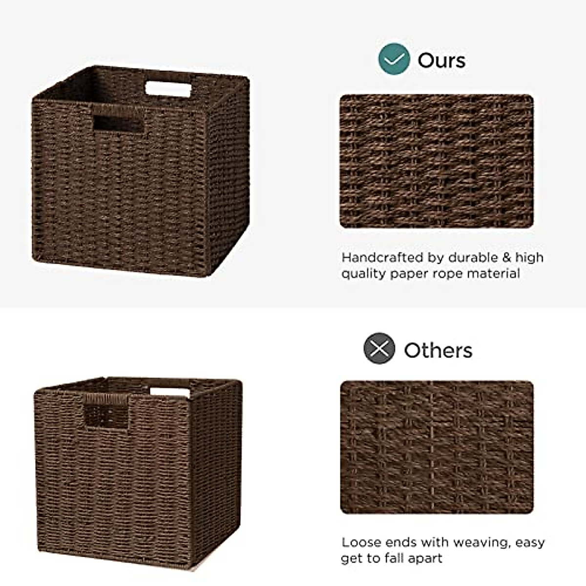 UBBCARE 3 Pack Wicker Basket, 11.8L×11.8H×11W inch Woven Paper Rope Storage Baskets for shelves, Foldable Cube Storage bin with Handle, Storage Basket for Organizing & Decor, Brown